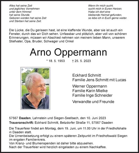 Traueranzeigen Von Arno Oppermann 57trauer De