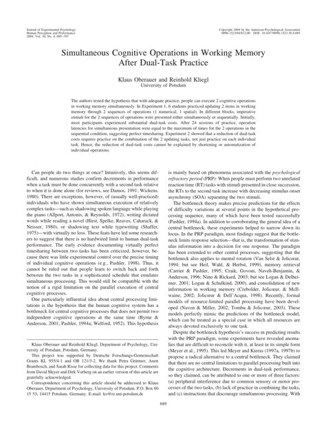 Pdf Simultaneous Cognitive Operations In Working Memory After Dual