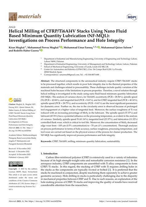 Pdf Helical Milling Of Cfrpti6al4v Stacks Using Nano Fluid Based Minimum Quantity Lubrication