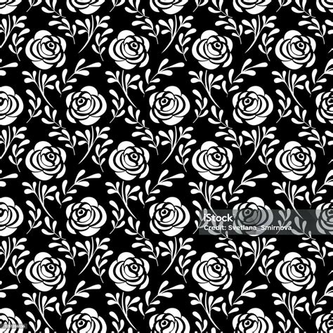 흰색 장미 실루엣과 검은 배경에 잎 매끄러운 패턴 직물 포장 벽지에 대한 이상한 나라의 배경앨리스 장식 인쇄 벡터 일러스트레이션 검은색에 대한 스톡 벡터 아트 및 기타