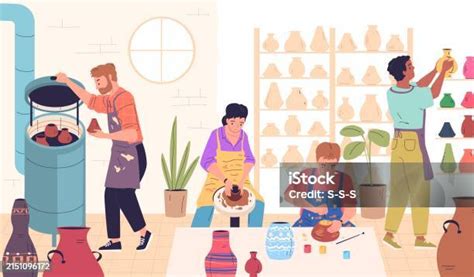 도자기 공방 수제 점토 컵 도자기 수공예 수업 아트 스튜디오에서 토기 장식 기념품을 만드는 장인 마스터 교육 교사 고급 벡터