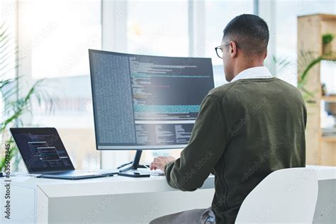 Programmer Technician Man And Computer For Coding Software Script Or Cyber Security In Office