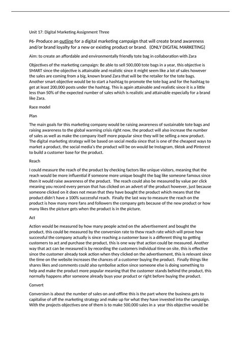 Btec Business Level 3 Unit 17 Digital Marketing Assignment 3 Distinction Unit 17