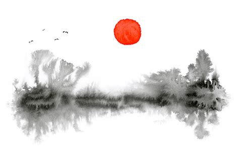 일본 스미 블랙 풍경 추상 산과 호수 자연 수채화 배경 잉크 아트 일본에 대한 스톡 벡터 아트 및 기타 이미지 일본 일본