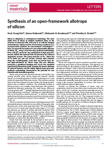 Pdf Synthesis Of An Open Framework Allotrope Of Silicon