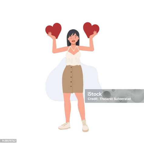 양손에 빨간 하트 모양을 들고 있는 행복한 여자 마음을주고 사랑을 나누십시오 평면 벡터 만화 캐릭터 그림 개념에 대한 스톡 벡터 아트 및 기타 이미지 Istock