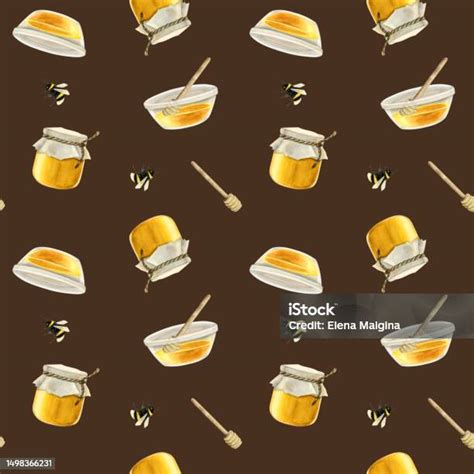 짙은 갈색과 노란색 꿀 수채화 물감 매끄러운 패턴 항아리 나무 숟가락 및 꿀벌 배경은 종이 가방 또는 직물을 포장합니다 0명에 대한 스톡 벡터 아트 및 기타 이미지 Istock
