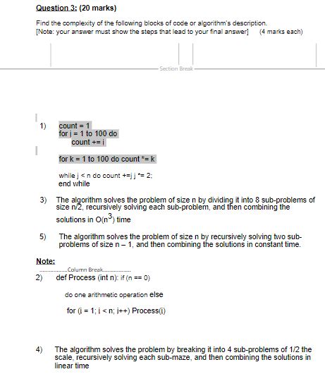 solved question 3 20 marks find the complexity of the