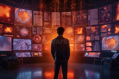 Man Standing In Front Of Glowing Monitors Data Charts And Numbers On Screen Generative Ai
