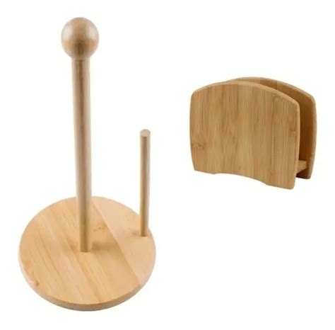 Kit 2 Porta Papel Toalha E Vertical Em Bambu Bancada Cozinha