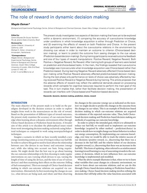 Pdf The Role Of Reward In Dynamic Decision Making