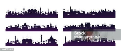 모스크 실루엣 이슬람 도시 풍경입니다 라마단 휴일 검은 테두리입니다 아라비아 건물 무슬림 첨탑 역사적인 지붕과 창문 야자수 벡터 그림 배경 세트 아라비아에 대한 스톡 벡터
