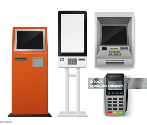 지불 터미널 현실적인 세트 셀프 주문 키오스크와 Atm Pos 지불 기계 직불 신용 카드 대화 형 금융 3d 뱅킹 전자 기기 빈 화면 벡터 격리 세트 지불에 대한 스톡 벡터
