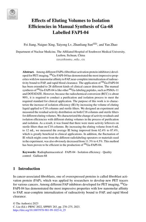 PDF Effects Of Eluting Volumes To Isolation Efficiencies In Manual Synthesis Of Ga 68 Labelled