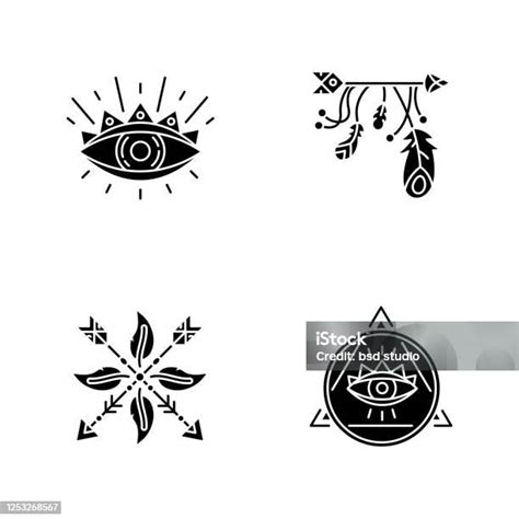 공백에 설정된 마법 기호 검은 색 글리프 아이콘 섭리의 눈 신비한 부적 보헤미안 스타일의 화살표와 깃털 매력 실루엣 기호 벡터 격리 된 그림 0명에 대한 스톡 벡터 아트 및
