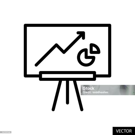 흰색 배경에 격리 된 선 스타일 디자인의 그래프 및 원형 차트 벡터 아이콘이있는 프리젠 테이션 보드 편집 가능한 스트로크 로고에 대한 스톡 벡터 아트 및 기타 이미지