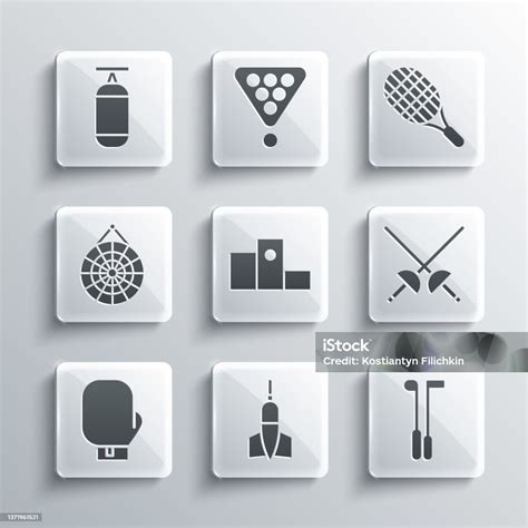 세트 다트 화살표 골프 클럽 펜싱 스포츠 우승자 연단 복싱 글러브 클래식 다트 보드 펀칭 가방과 테니스 라켓 아이콘을 통해 상 벡터 건강한 생활방식에 대한 스톡 벡터 아트