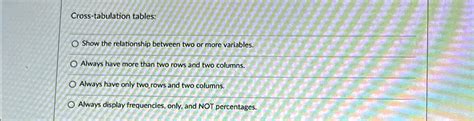 Solved Cross Tabulation Tables Show The Relationship Between Two Or