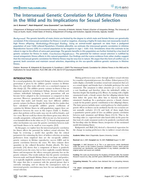 Pdf The Intersexual Genetic Correlation For Lifetime Fitness In The Wild And Its Implications