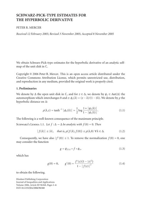 Pdf Schwarz Pick Type Estimates For The Hyperbolic Derivative