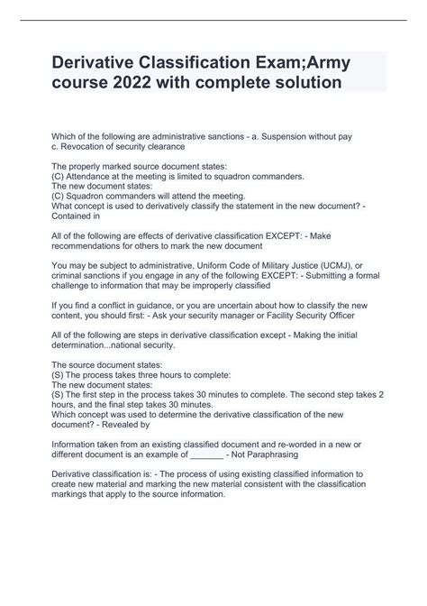 Derivative Classification Exam Army Course 2022 With Complete Solution Derivative