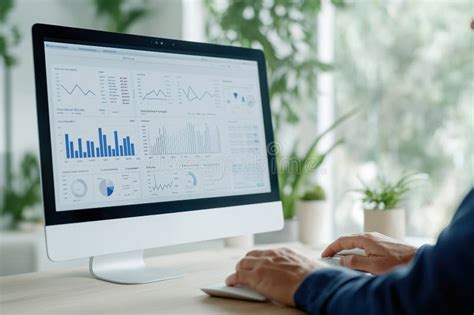 man works on computer with data analysis dashboard businessman in