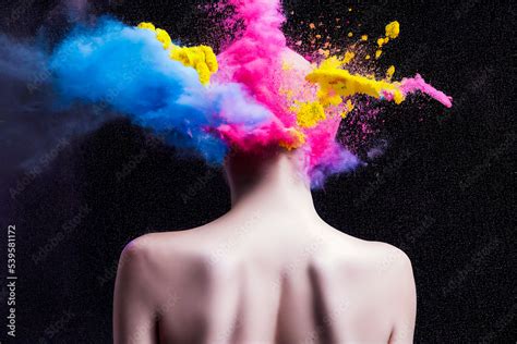 Naked Woman Seen From Behind Head Exploding In Multicolored Powder Concept Of Mental Load And