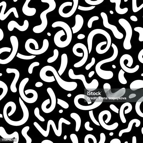 검은 배경 유체 모양 컬 만화 스타일에 추상적 인 흰색 구불 구불 한 완벽 한 패턴 물결 모양의 선 유기적인 형태 트렌디 한 현대 벡터 일러스트 레이 션 손으로 그린 평면