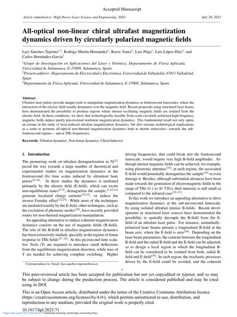 Pdf All Optical Non Linear Chiral Ultrafast Magnetization Dynamics Driven By Circularly