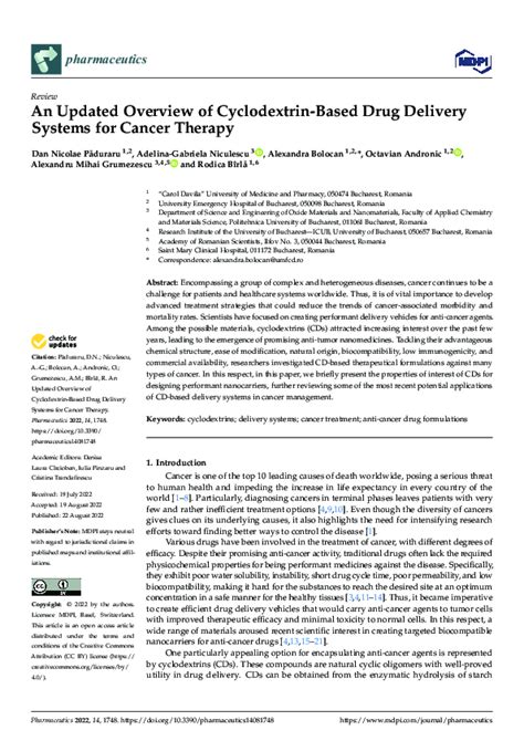 Pdf An Updated Overview Of Cyclodextrin Based Drug Delivery Systems For Cancer Therapy