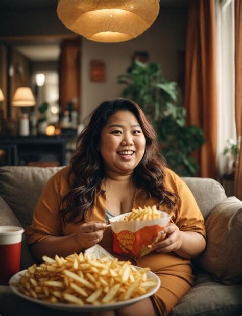 Premium Ai Image Happy Asian Fat Woman Enjoy Eating Delicious French