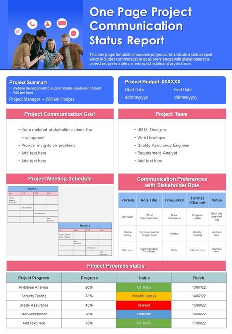 one page project communication status report presentation infographic