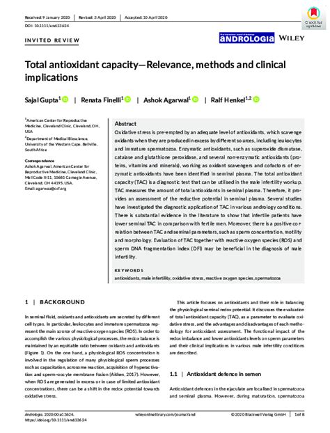 Pdf Total Antioxidant Capacity—relevance Methods And Clinical