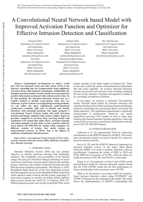 Pdf A Convolutional Neural Network Based Model With Improved Activation Function And Optimizer