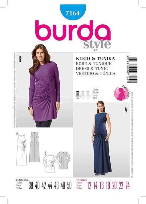 Burda 7164 Maternity Dress Pattern Ruched Tunic Top Maternity Evening Gown Size 10 22 Uncut