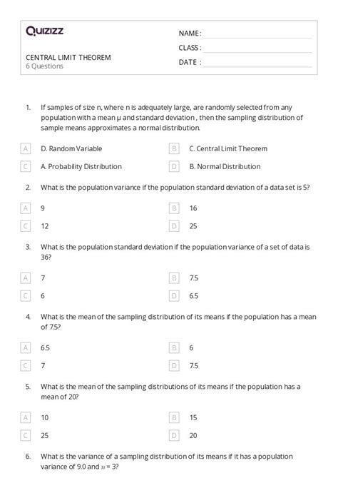 50 Central Limit Theorem Worksheets For 11th Class On Quizizz Free