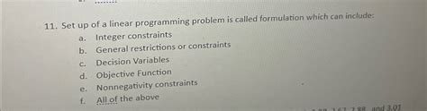 Solved Set Up Of A Linear Programming Problem Is Called