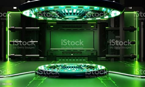 녹색 빛 배경우주선의 공상 과학 제품 포디엄 쇼케이스 공간 기술 및 개체 개념 3d 일러스트 렌더링 실내에 대한 스톡 사진 및 기타 이미지 Istock
