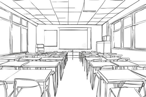 Black And White Sketch Of An Empty Classroom With Desks And Chairs Black And White Sketch Of An Empty Classroom With Desks And Chairs