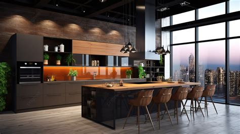 어두운 색조의 세련되고 세련된 로프트 스타일의 주방 3d 렌더링 디자인 주방 인테리어 주방 가구 부엌 방 배경 일러스트 및