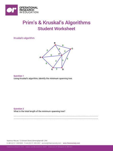 Or In Education Prims And Kruskals Algorithm Student Worksheet Pdf