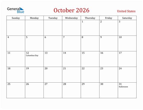 October 2026 United States Monthly Calendar With Holidays