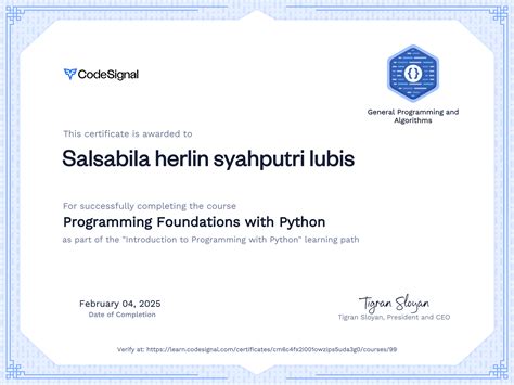 Course Certificate For Programming Foundations With Python Codesignal