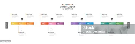 비즈니스를 위한 인포그래픽 템플릿입니다 12 개월 현대 타임 라인 요소 다이어그램 달력 4 분기 단계 마일스톤 프리젠 테이션