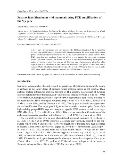 Pdf Fast Sex Identification In Wild Mammals Using Pcr Amplification Of The Sry Gene