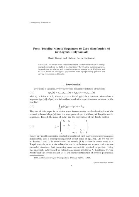 Pdf From Toeplitz Matrix Sequences To Zero Distribution Of Orthogonal