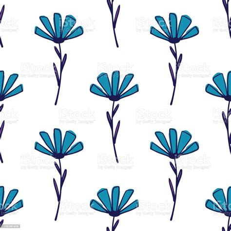 파란색 밝은 데이지 꽃과 간단한 추상적 인 매끄러운 패턴 흰색 배경입니다 0명에 대한 스톡 벡터 아트 및 기타 이미지 0명 꽃 나무 꽃 꽃의 구조 Istock