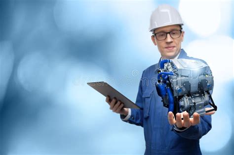 Engineer With Digital Tablet On A Background Of Power Line Tower Stock
