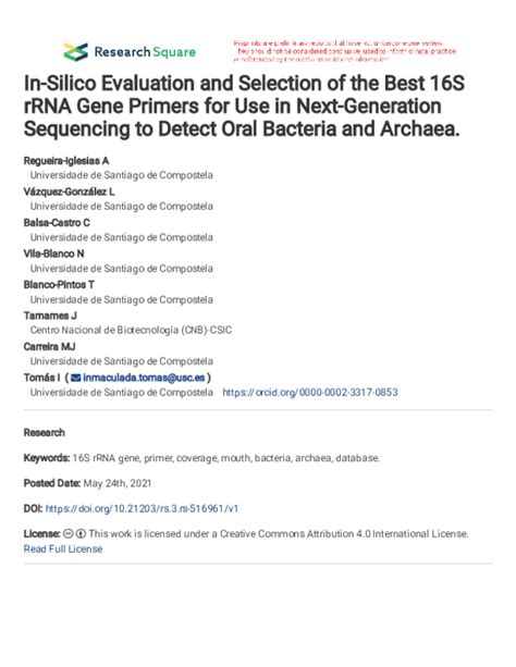 Pdf In Silico Evaluation And Selection Of The Best 16s Rrna Gene Primers For Use In Next