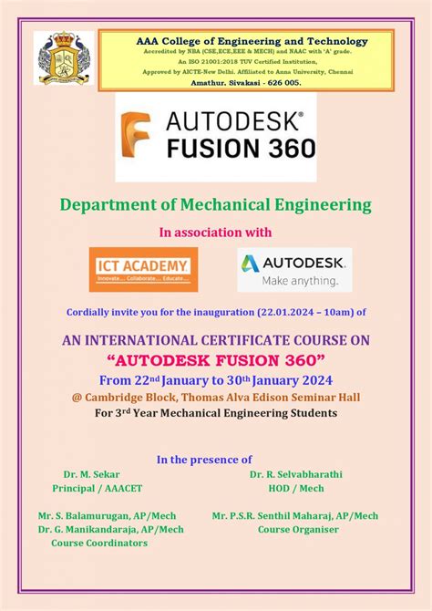 International Certification Course On “autodesk Fusion 360” From 22 01 2024 Aaa College Of